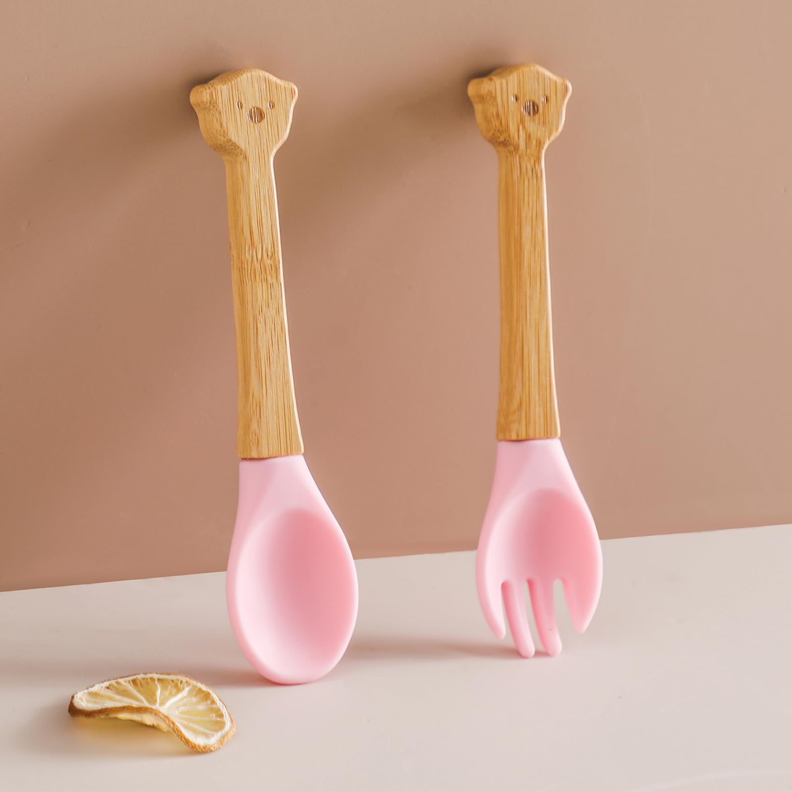 Mamimami Home Baby Feeding Spoon, Bamboo Wood and Silicone Baby Fork and Spoon - Soft Curved Silicone Tip Spoons - Suitable for Baby and Toddlers Forked Spoone (Pink Bear)