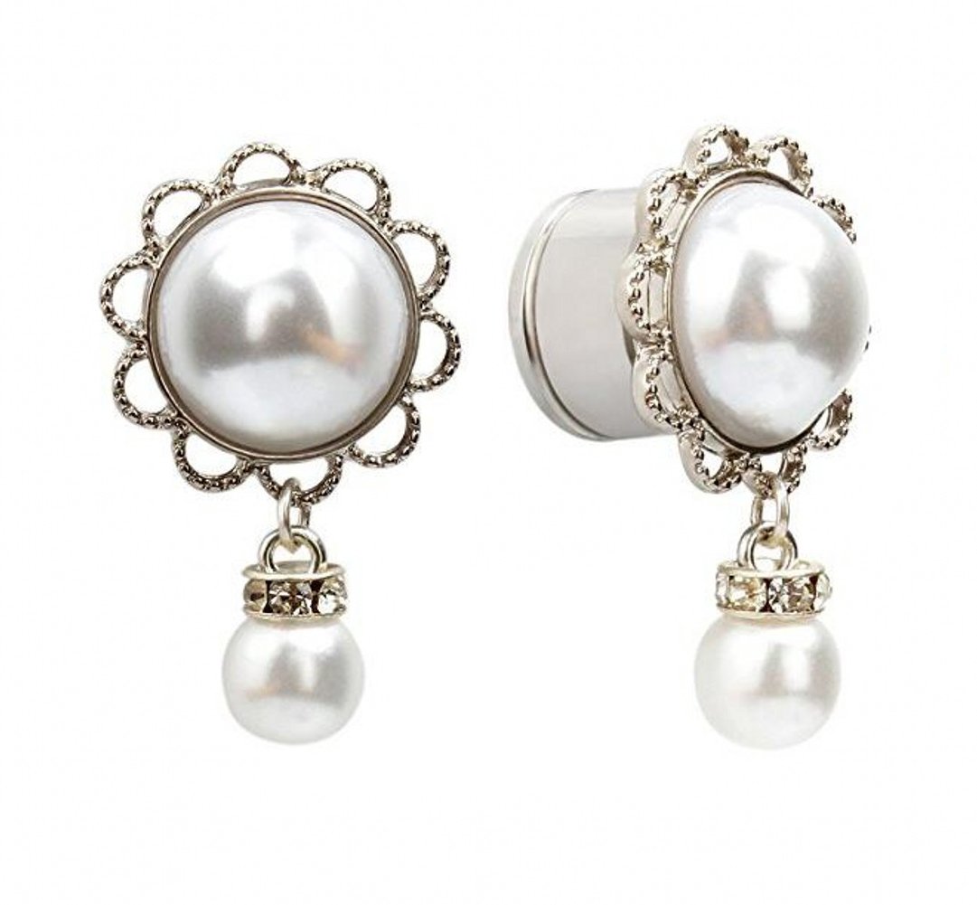 IPINK-Stainless Steel Pearl Pendant Ear Piercing Tunnel and Plugs Ear Expender Gauges (00G(10mm))