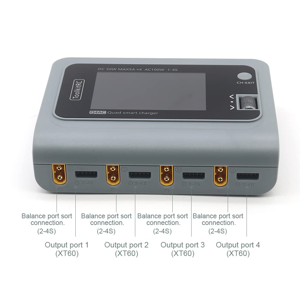 ToolkitRC Q4AC XT60 US Plug 4x50W 5A AC 100W 4 Port DC Smart Charger AC DC Smart Charger IPS Bright Clear Wide Angle Display
