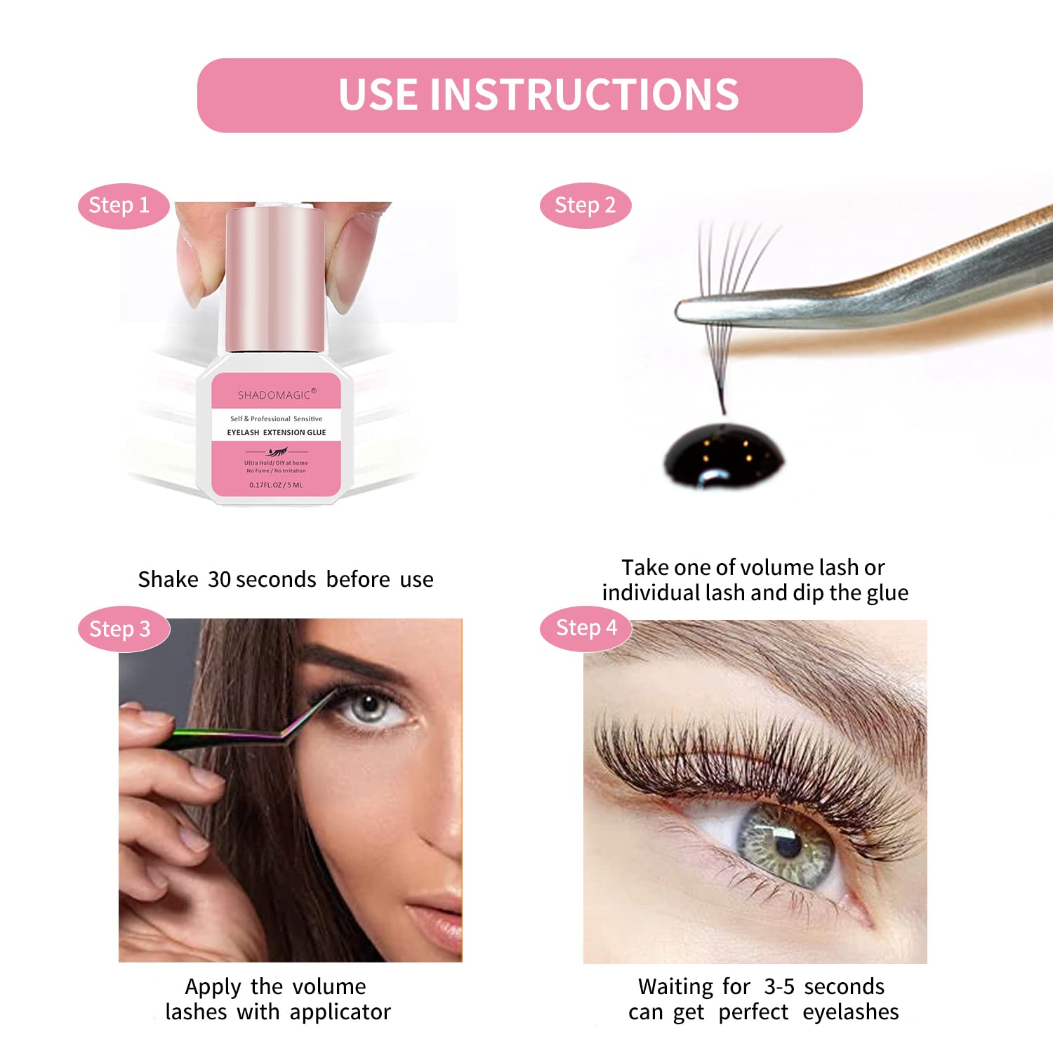 Sensitive Eyelash Extension Glue, Shadomagic Adhesive Lash Extension Glue for False Eyelashes, 40-50 Days Retention Best Professional Self Use & Individual Volume 5ml Eye Lashes Extension Glue