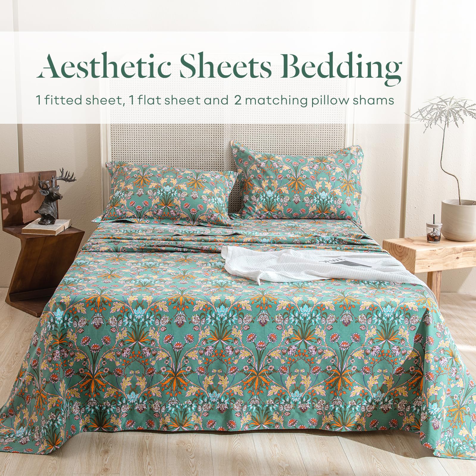 Lady Ann 100% Cotton Floral Sheets Full Size, Vibrant Paisley Flowers Printed on Green Pattern Sheets Full Size Bed Dorm Bedding Breathable Deep Pocket Preppy Bed Sheets 4PCS Set