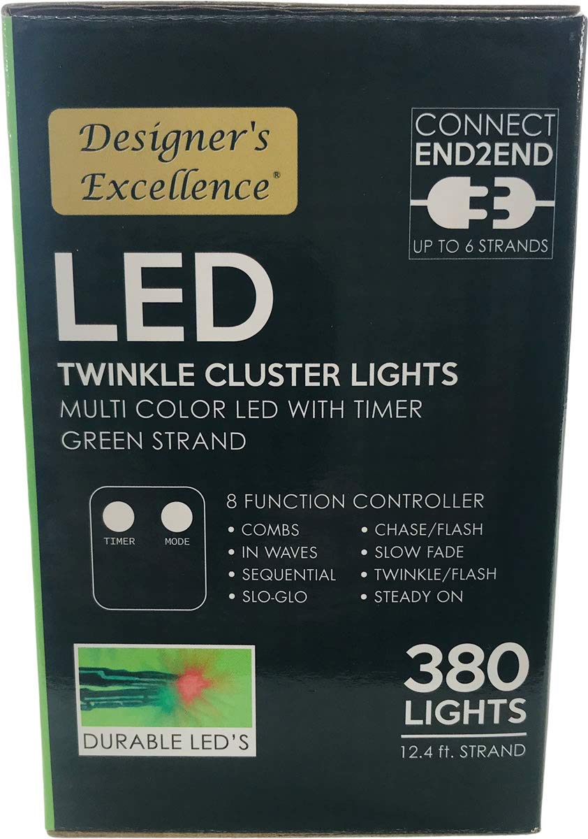 LED Twinkle Cluster Lights 12.4Ft Multi w/Green Strand Connect End to End Indoor Outdoor