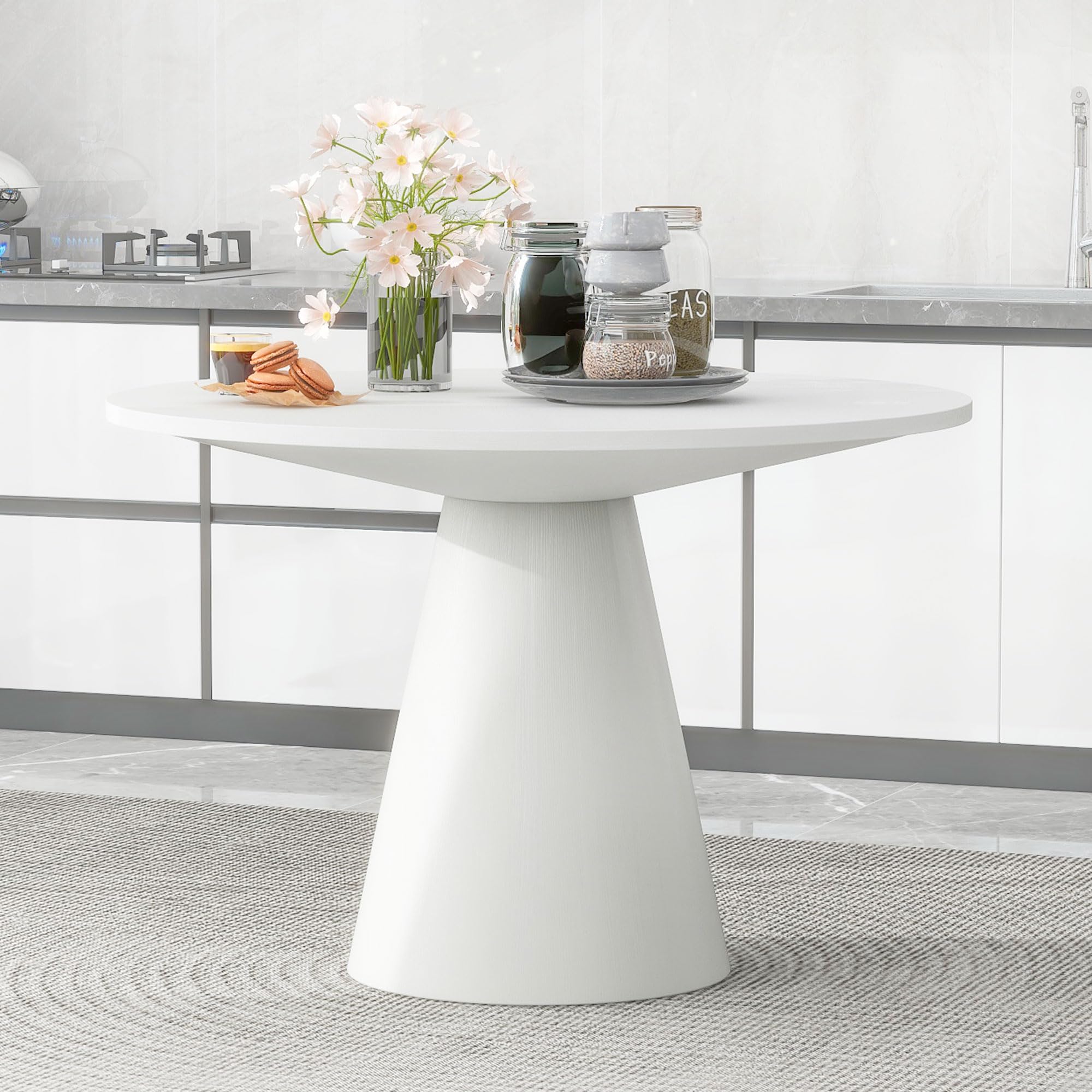 kevinplus 46.5'' Round Wood Dining Table for Living Room Dining Room Kitchen, Modern Circle Dining Kitchen Table for 4-6, Contemporary Living Room Dining Room Table Furniture (φ46.5"x30.2", White)