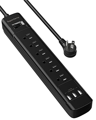 Power Strip with USB, ETL Listed, SUPERDANNY Surge Protector (2100J), Flat Plug Extension Cord 5ft 15A 1875W, 6 Outlets 3 USB Ports, Wall Mount, Safety Covers for Home Office Garage Kitchen, Black