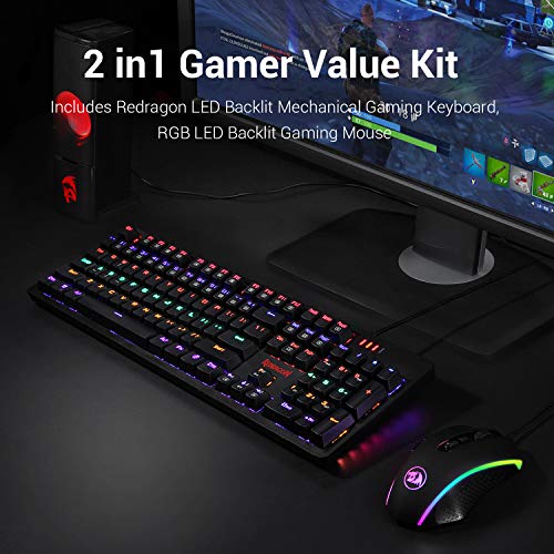 Redragon S117 Gaming Keyboard Mouse Combo Mechanical RGB Rainbow Backlit Keyboard Brown Switches RGB Gaming Mouse for Windows PC Gamers (104 keys)