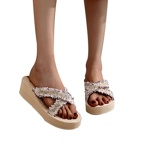 sckarle Womens Wedge Platform Sandals Summer Slip On Sandal Crisscross Strap Woven Casual Comfortable Beach Sandals