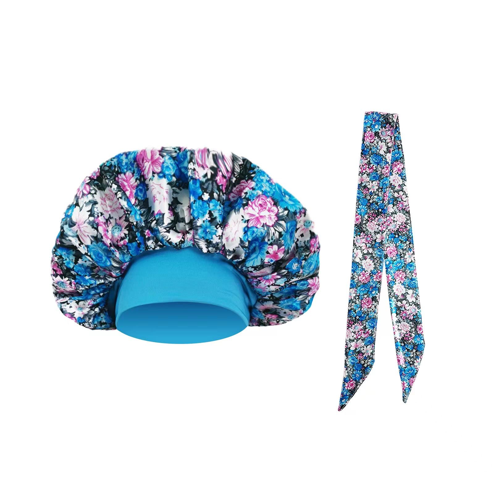 Silk Satin Bonnet, Large Double Layer Wide Elastic Band Sleeping Cap, Satin Hair Bonnet for Sleeping, Hair Bonnets for Curly Hair Sleeping, Night Sleeping Head Cover, Shower Cap (Blue)