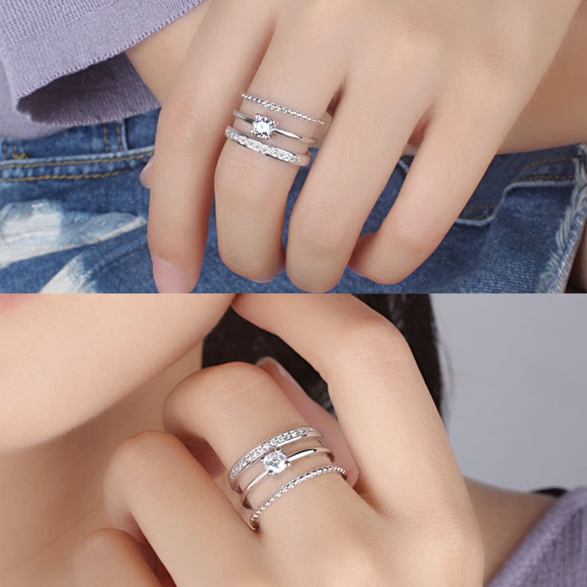 MYLYAHY S925 Sterling Silver 3 Row Lines Wide Bands Ring for Women,Adjustable Forefinger Thumb Finger Midi Knuckle Ring (Ring_B, Adjustable)