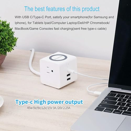 Power Strip with USB C Ports, KingTSYU Travel Surge Protector Tower Extension Cord with 2USB A/2AC Outlets/Phone Wireless Charger, PD 45W Fast Charging Power Deliveryfor Laptop MacBook Pro,Dorm/Office