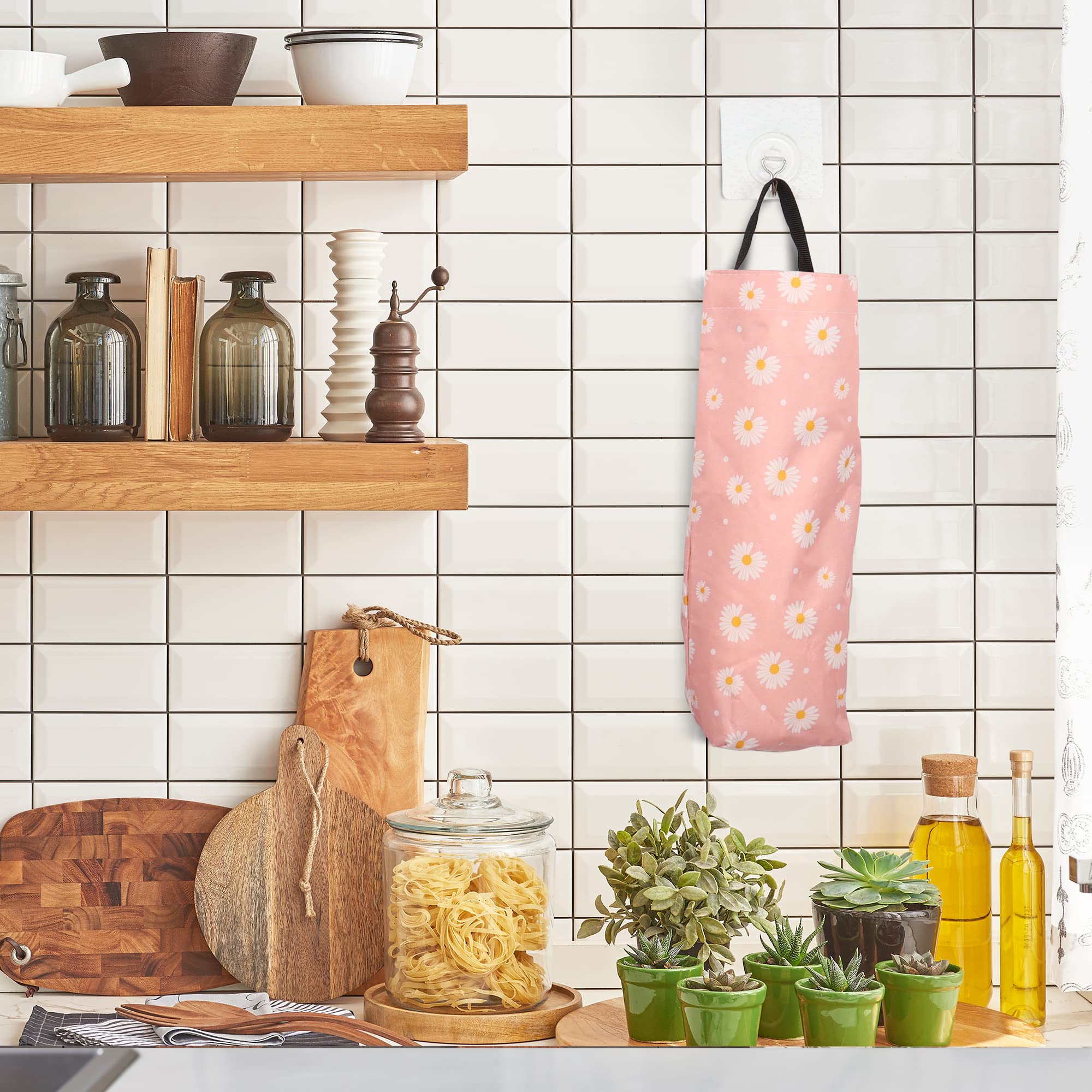 QIANRENON Kitchen Grocery Plastic Trash Bag Holder Washable Wall Mount Folding Little Daisy Storage Bag for Kitchen Bathroom Living Room Office Camper 2 PCS with 2 Hooks (Daisy Pink)