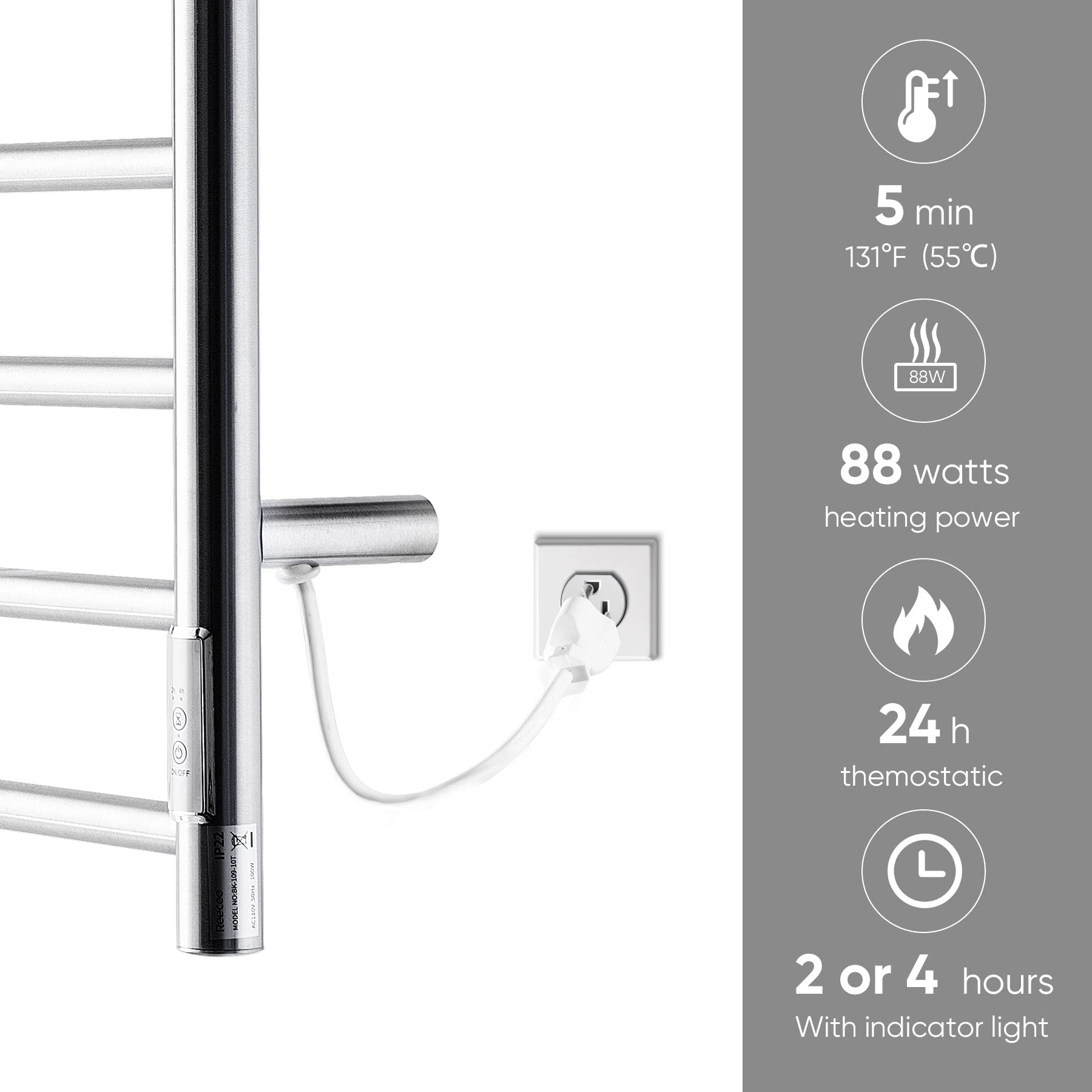 REECOO Towel Warmer Wall-Mounted Electric Towel Racks for Bathroom with Timer, Plug-in and Hardwired Options 24H Thermostatic Stainless Steel Drying Heated Towel Rack Suitable for Homes, Hotels