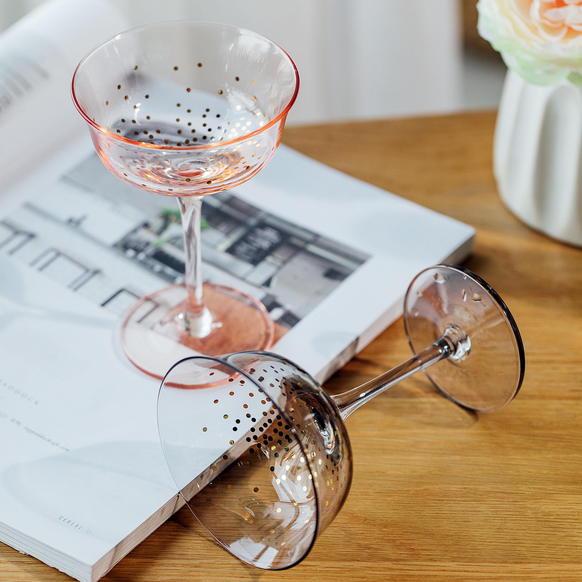 Lysenn Nick and Nora Glasses Set of 2- Exquisite Cocktail Glasses for Martini, Margarita & Champagne - Hand Blown & Vintage Design β Smoke Gray & Blush Pink, 5 fl oz