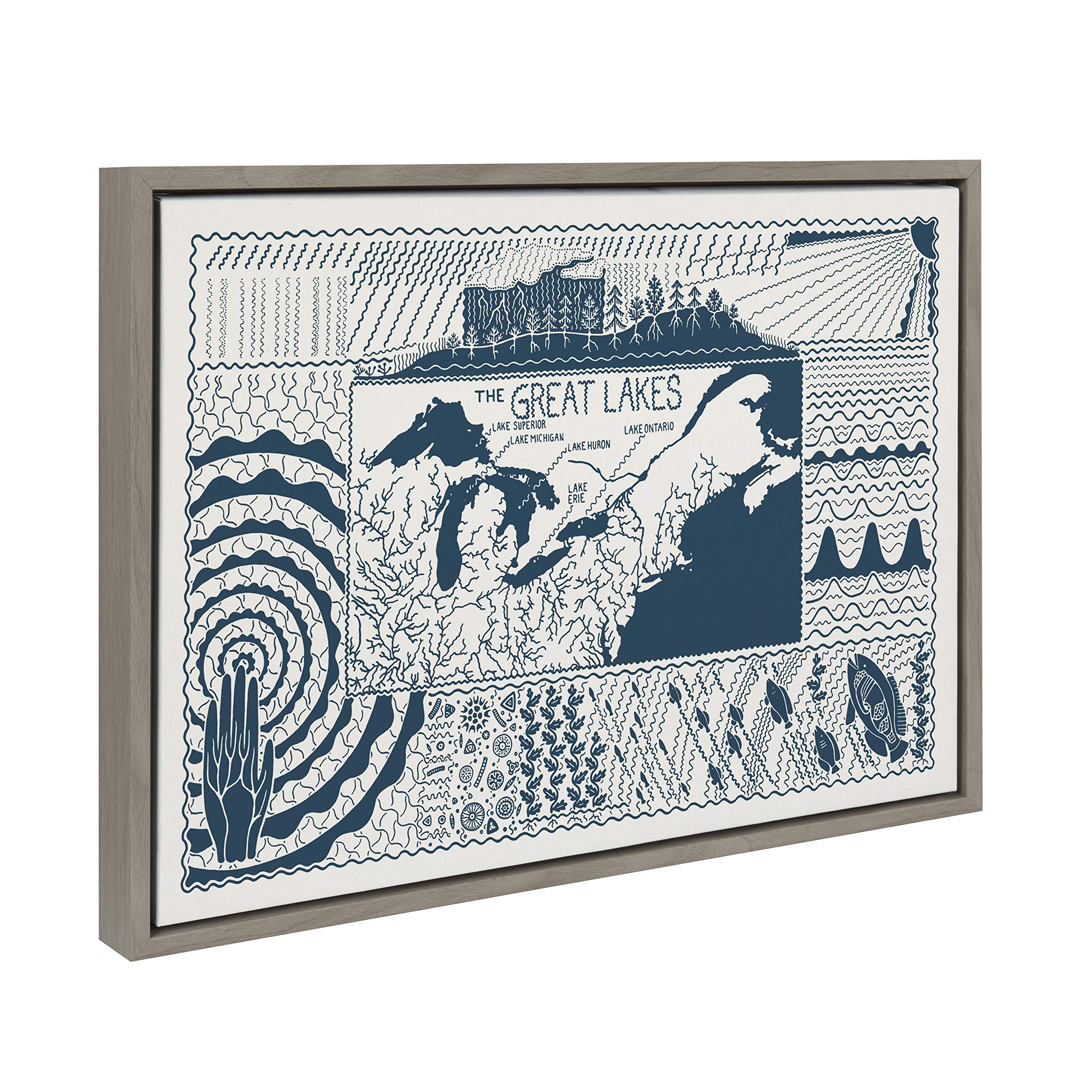 Kate and Laurel Sylvie Great Lakes Framed Canvas Wall Art by Erin Anderson-Ruddon, 18x24 Gray, Transitional Midwest Art
