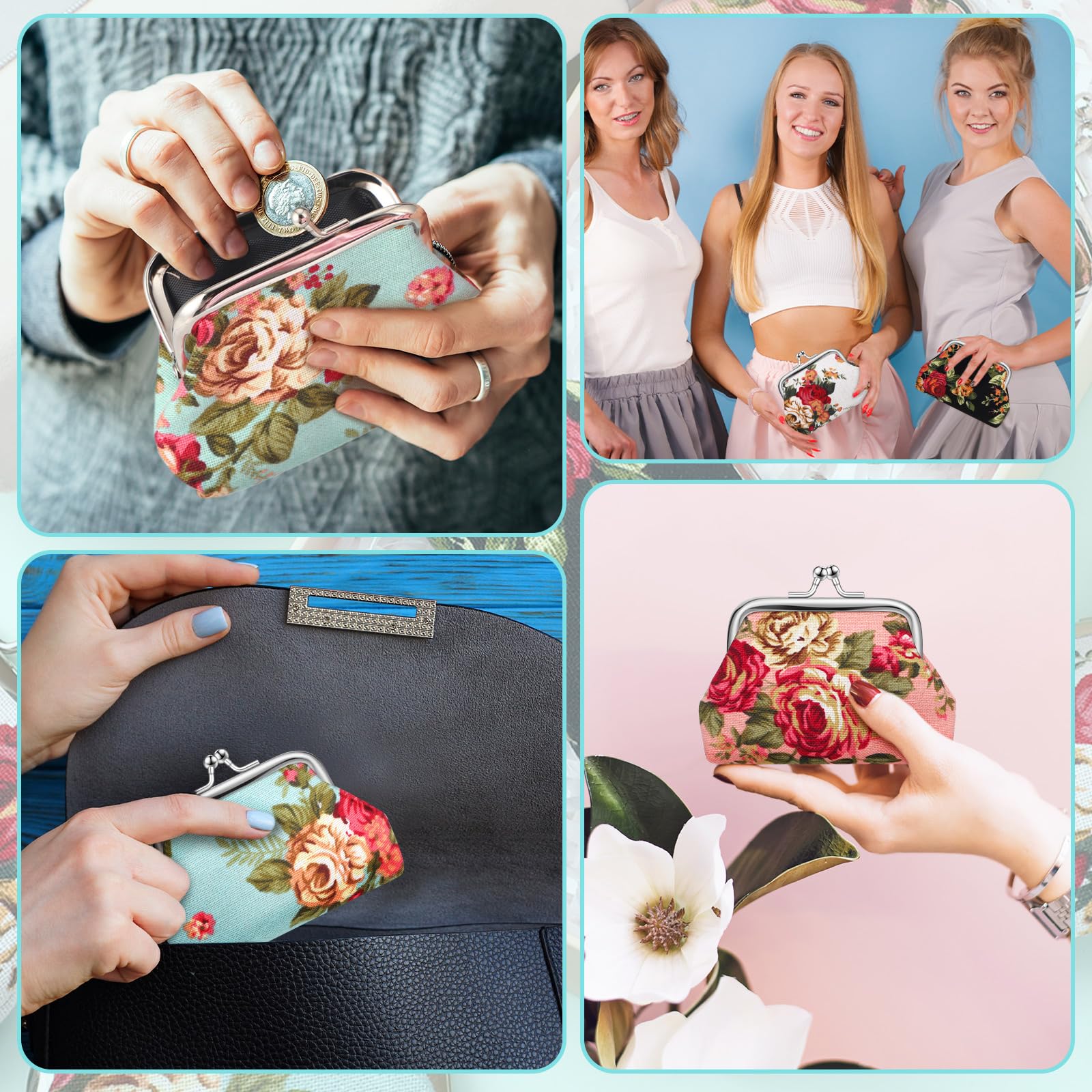 SilTriangle 16 Pcs Canvas Floral Buckle Coin Purses Vintage Kiss Lock Change Purses Bulk Rose Flower Wallet for Women(4 x 3 Inch)