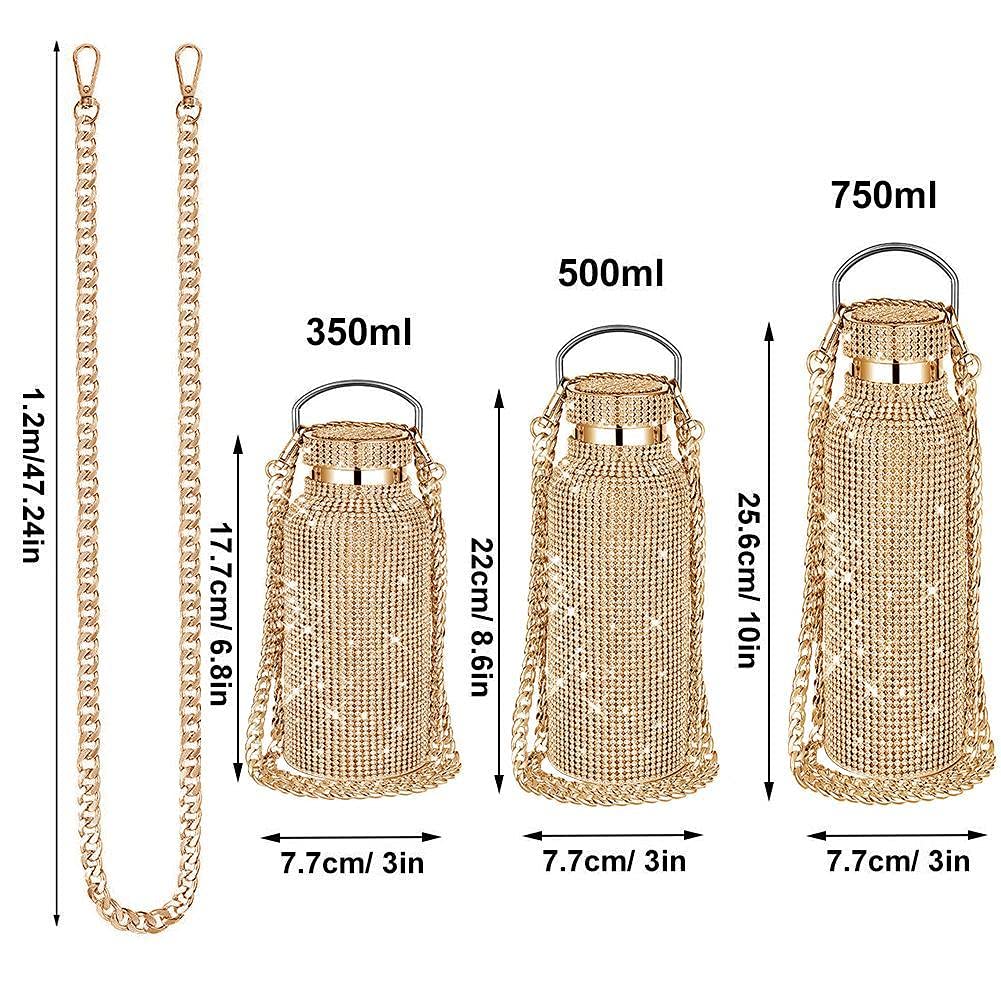 QIANSHENG Bling Diamond Water Bottle Sparkling Glitter Stainless Steel Thermos Bottle Vacuum Flask for Women Refillable Insulated Water Bottle with Chain & Gift Box (Gold,350ml)