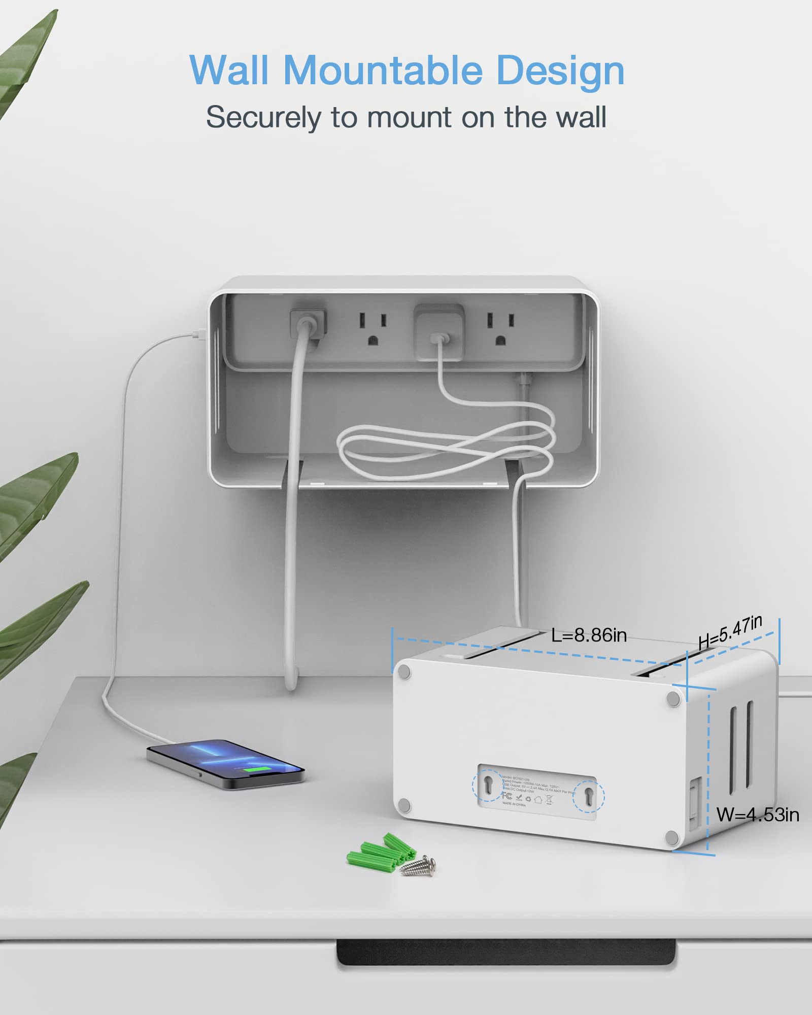 Power Strip with Cable Management Box, TESSAN 5 ft Flat Plug Extension Cord, 4 Outlets 2 USB Ports with Overload Switch, Mountable White Power Cord Organizer Charging Station for Dorm, Office, Home