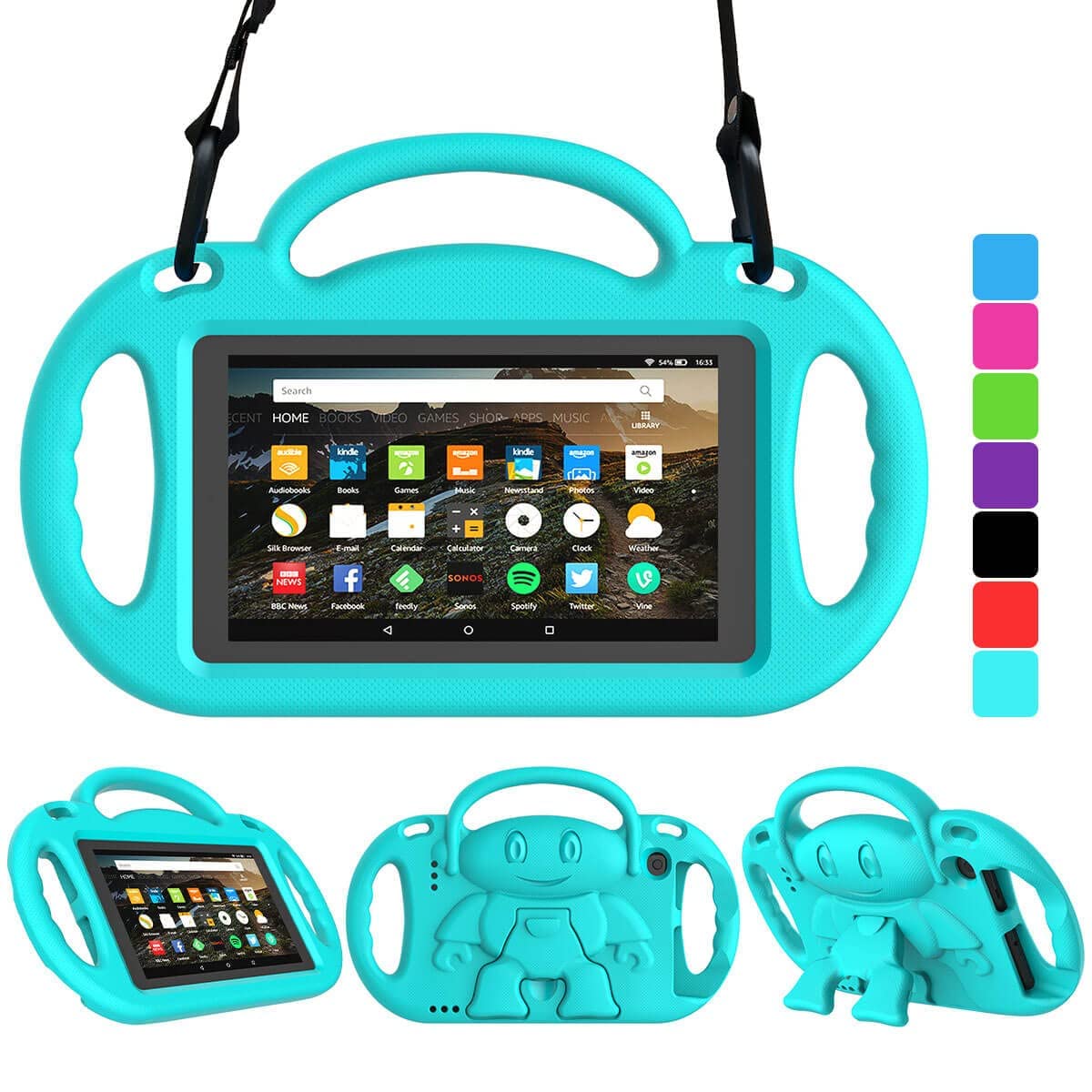 MOXOTEK Kindle Fire 7 Tablet Case, Fire 7 2019/2017/2015 Kids Case with Shoulder Strap, Lightweight Shockproof Handle Stand Case for Amazon Fire 7 inch Tablet (9th/7th/5th Generation), Teal