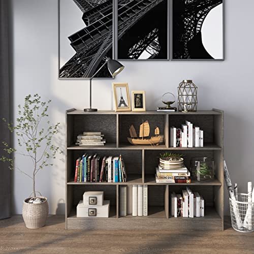 STAKOL 8 Cubes Bookcase, Open Display Cabinet Shelf, 3-Tier Bookshelves Storage Organizer, Wooden Corner Bookshelf for Living Room, Playroom, Bedroom (Oak Grey)