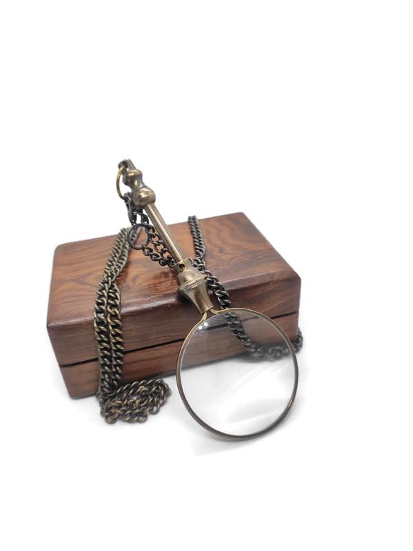WAVE NAUTICAL Portable Handled Loupe Monocle for Library 10X Magnifiers Antique Brass Chain Necklace with 40mm Diameter Glass Magnification Lens Pendant Round Magnifying Optical Magnifier