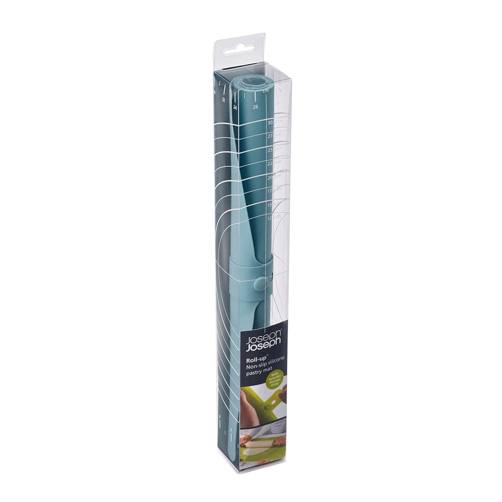Joseph Joseph Roll-Up Non-Slip Silicone Pastry Mat with Measurements Lockable Strap 23" x 15", Blue