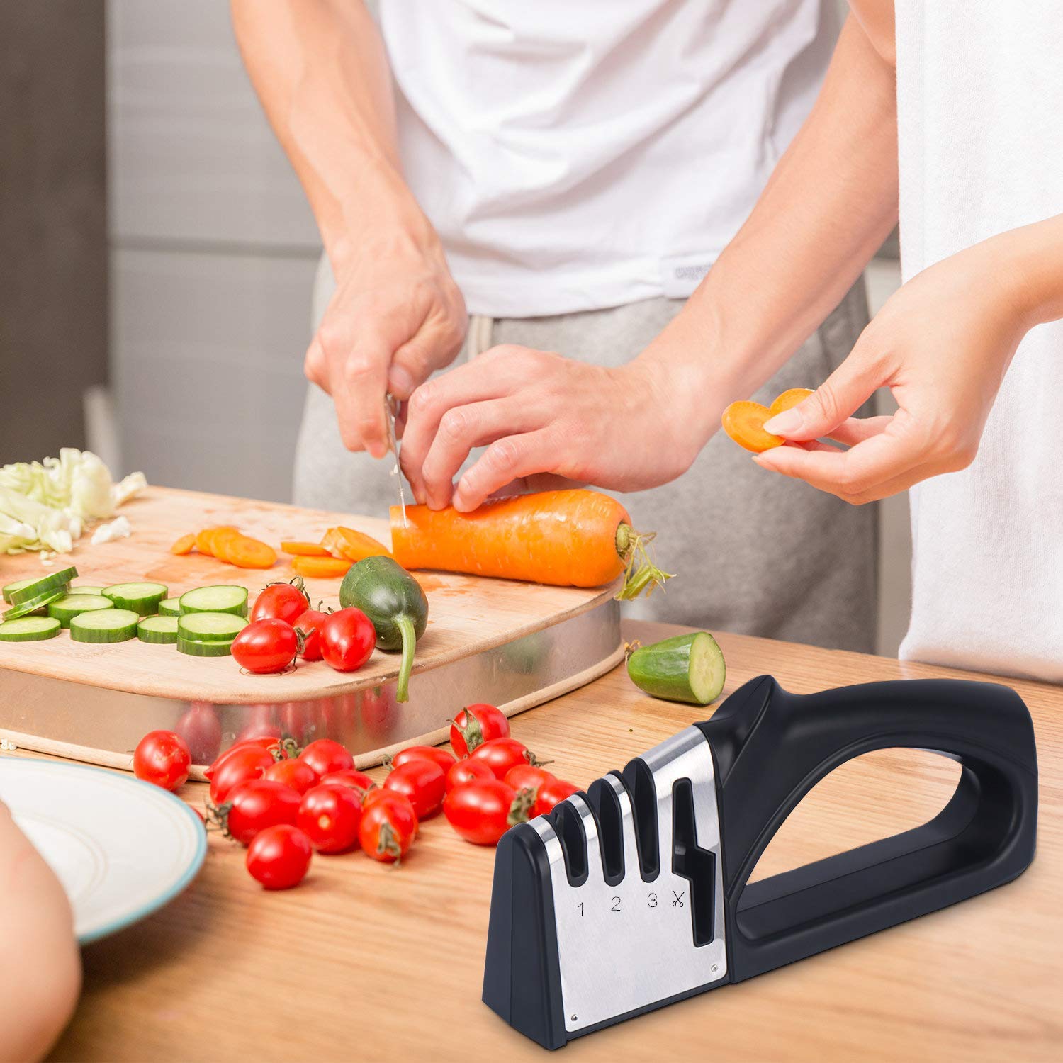 Knife Sharpener, 4 in 1 Manual Knives Scissor Sharpener, Professional Kitchen Knife Sharpen Tool with Ceramic,Tungsten Steel, Diamond Sharpening Groove,Safe and Easy To Use(Black)