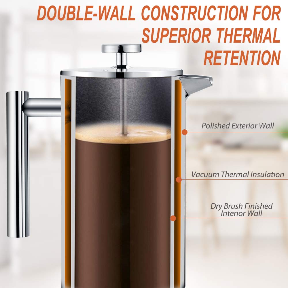 Miuly French Press 34oz, Double Insulated 304 Stainless Steel Coffee Press,Stainless Steel French Press with 5 Extra Fliters and 3 Additional Coffee Set(34oz, Sliver)