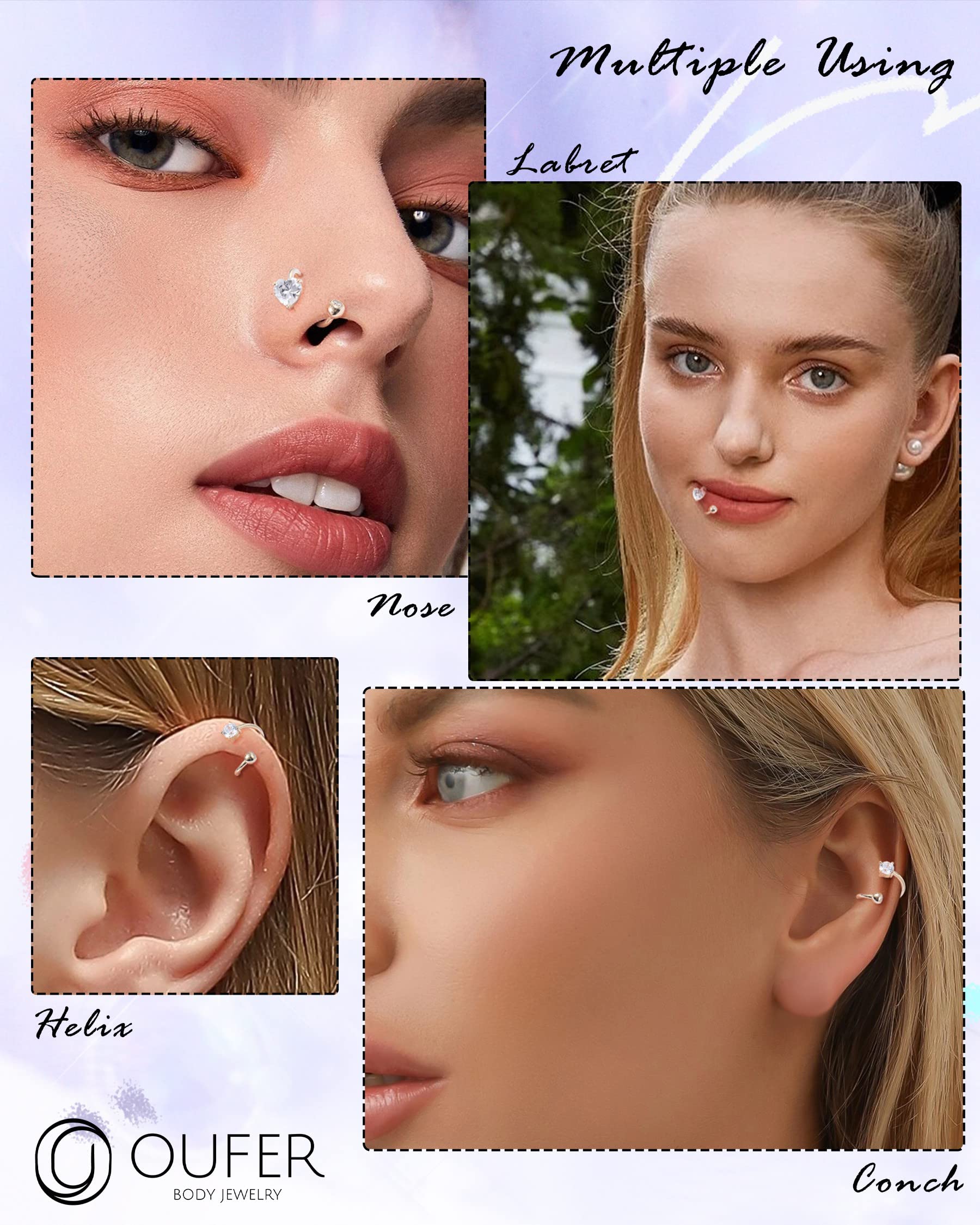 OUFER 16G Twist Helix Earring, 14K Solid Gold Round Shaped Clear CZ Twist Lip Ring, Labret Conch Rook Upper Lobe Piercing Jewelry For Women And Men