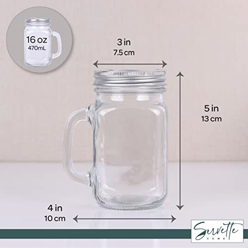 Mason Jar Drinking Glasses with Handles & Silver Lid - Set of 2