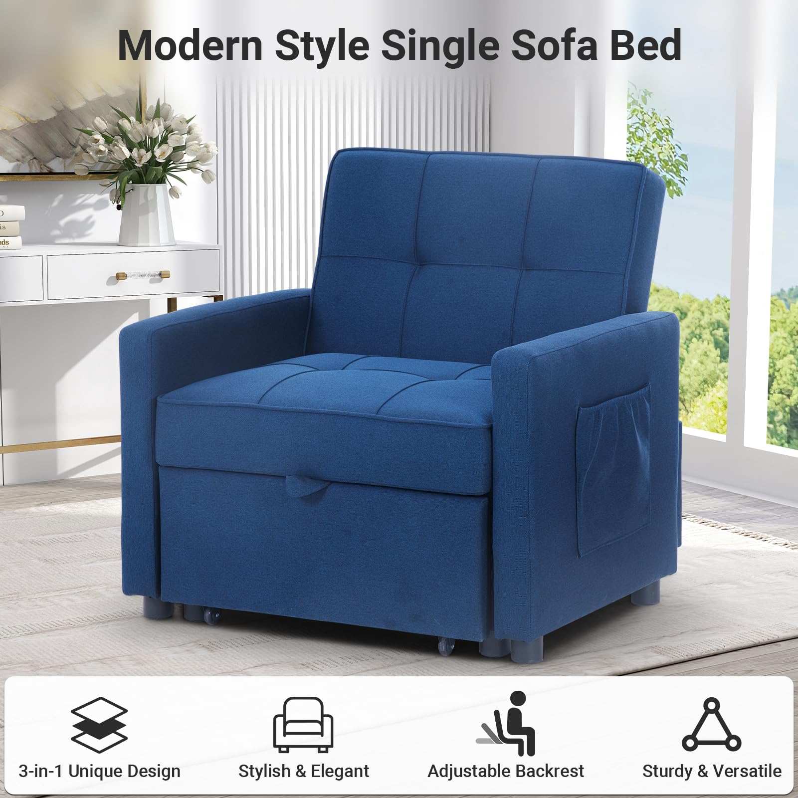 Skepphlay 3 in 1 Sofa Bed, Pull Out Couch with 3-Level Adjust Backrest, Convertible Loveseat with 2 Side Pockets, Sleeper Chairs for Adults, Modern Recliner for Living Room, Small Space, Blue