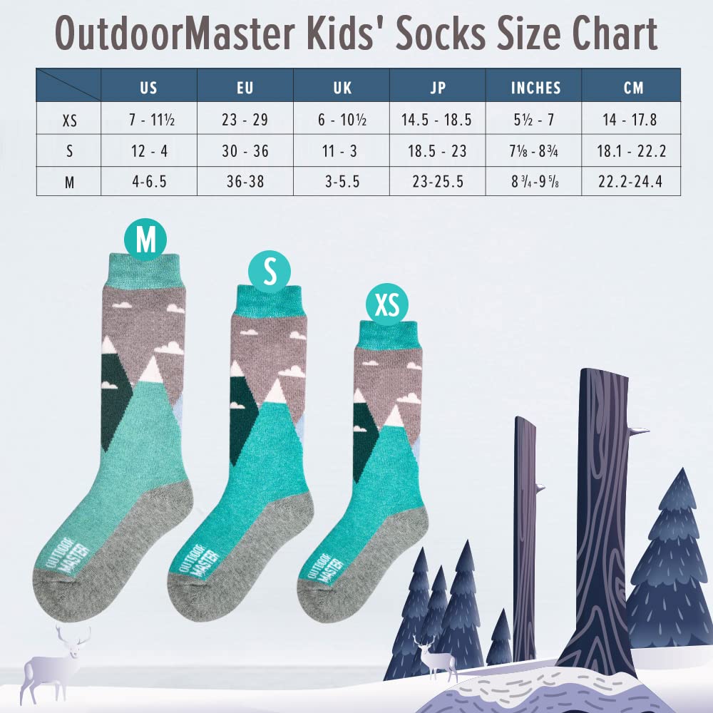 OutdoorMaster Kids Ski Socks - Merino Wool Blend, Over the Calf Design (S, Dust Gray, Blue Mountains, Woodland Green - 3)