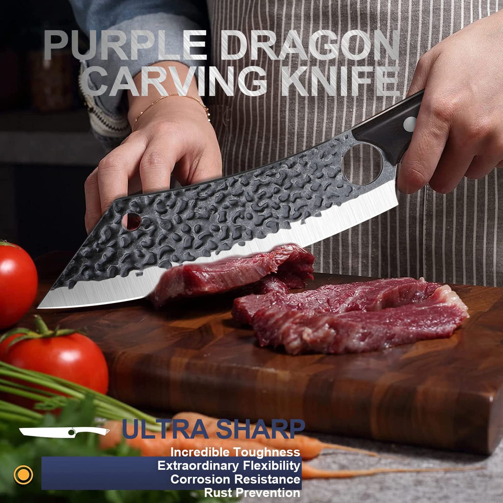 Purple Dragon 7 Inch Elegant Butcher Knife with Leather Bag with 8 Inch Japanese Meat Cleaver Ultra Sharp
