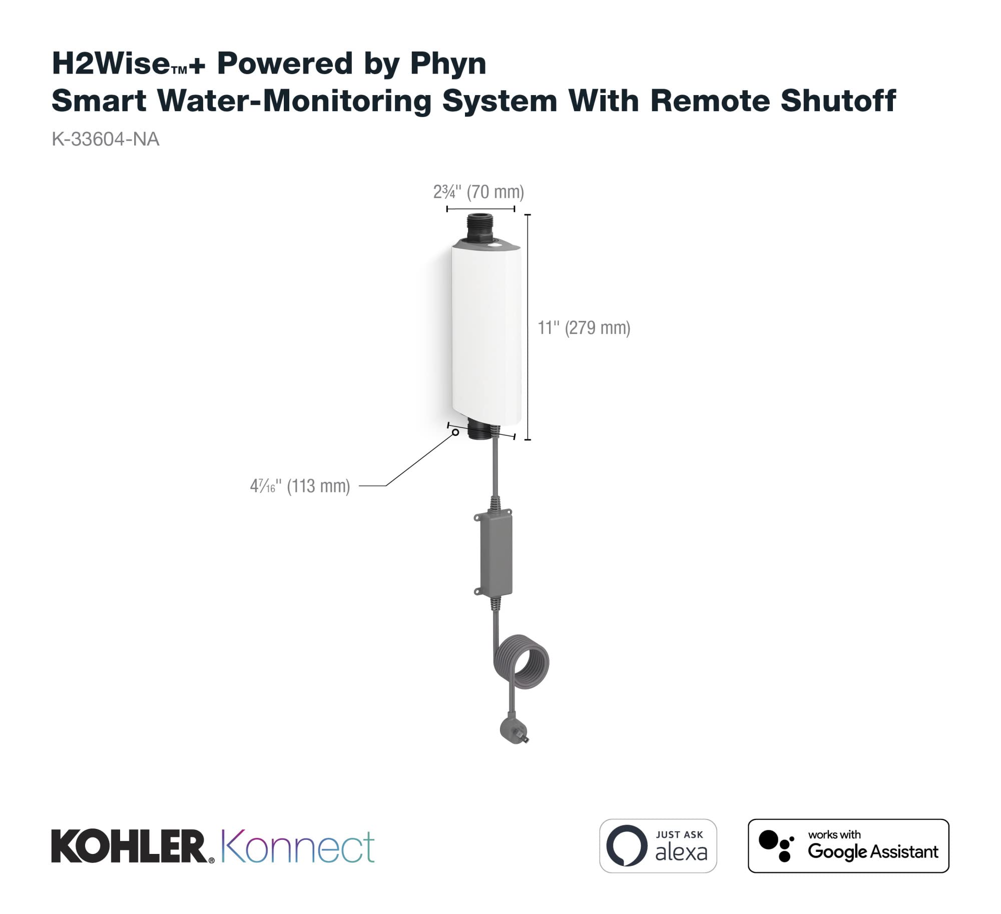 KOHLER H2Wise+ Smart Home Water Monitor and Automatic Shutoff Valve, Water Leak Detector and Water Usage Tracker,White