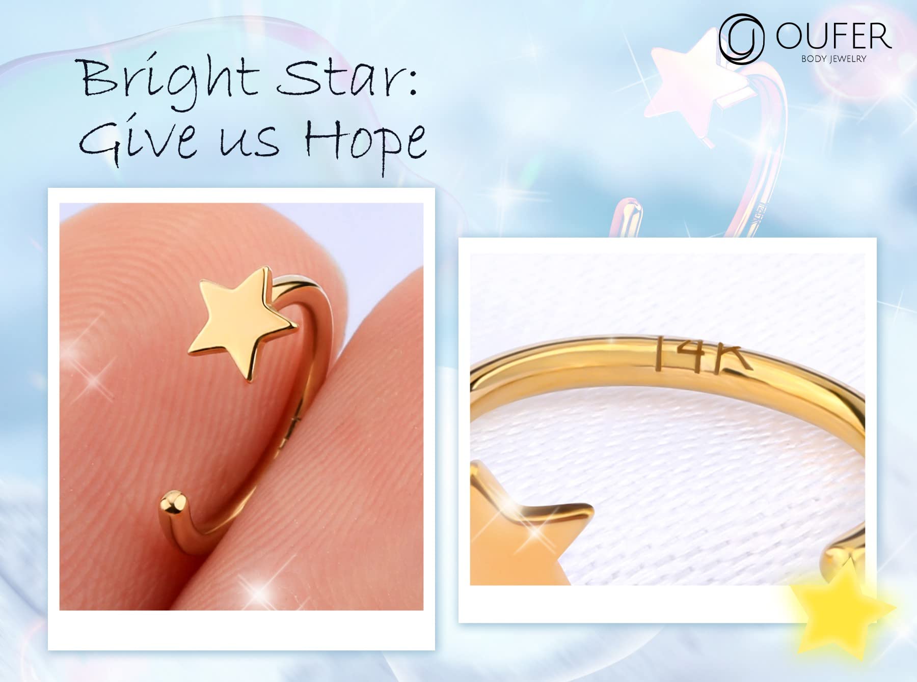 OUFER 18G Nose Ring Hoop, 14K Solid Gold Star Design Cartilage Earrings, Nose Piercing Jewelry for Women and Men