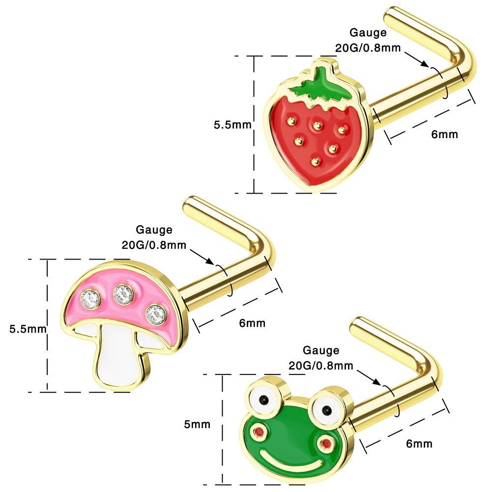 OUFER 20G Gold Nose Studs, Frog L-Shaped Stainless Steel Nose Ring Stud, Mushroom Nostril Piercing Jewelry for Women