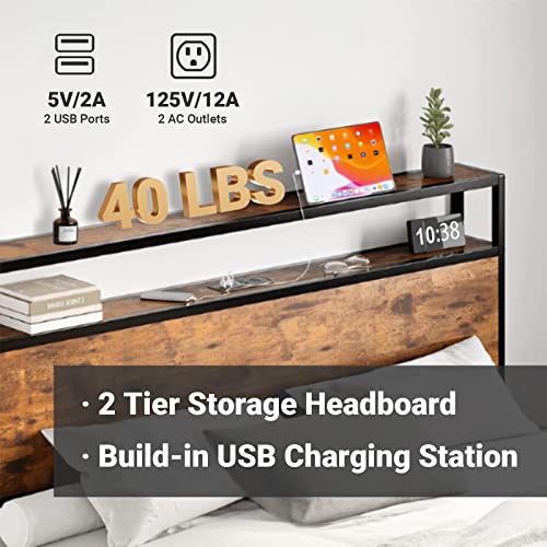 Zevemomo Queen Bed Frame with 2-Tier Storage Headboard and Power Outlets, USB Ports Charging Station, Heavy Duty Metal Platform Bed Frame 800 LBS Weight Capacity, Noise-Free & No Box Spring Needed