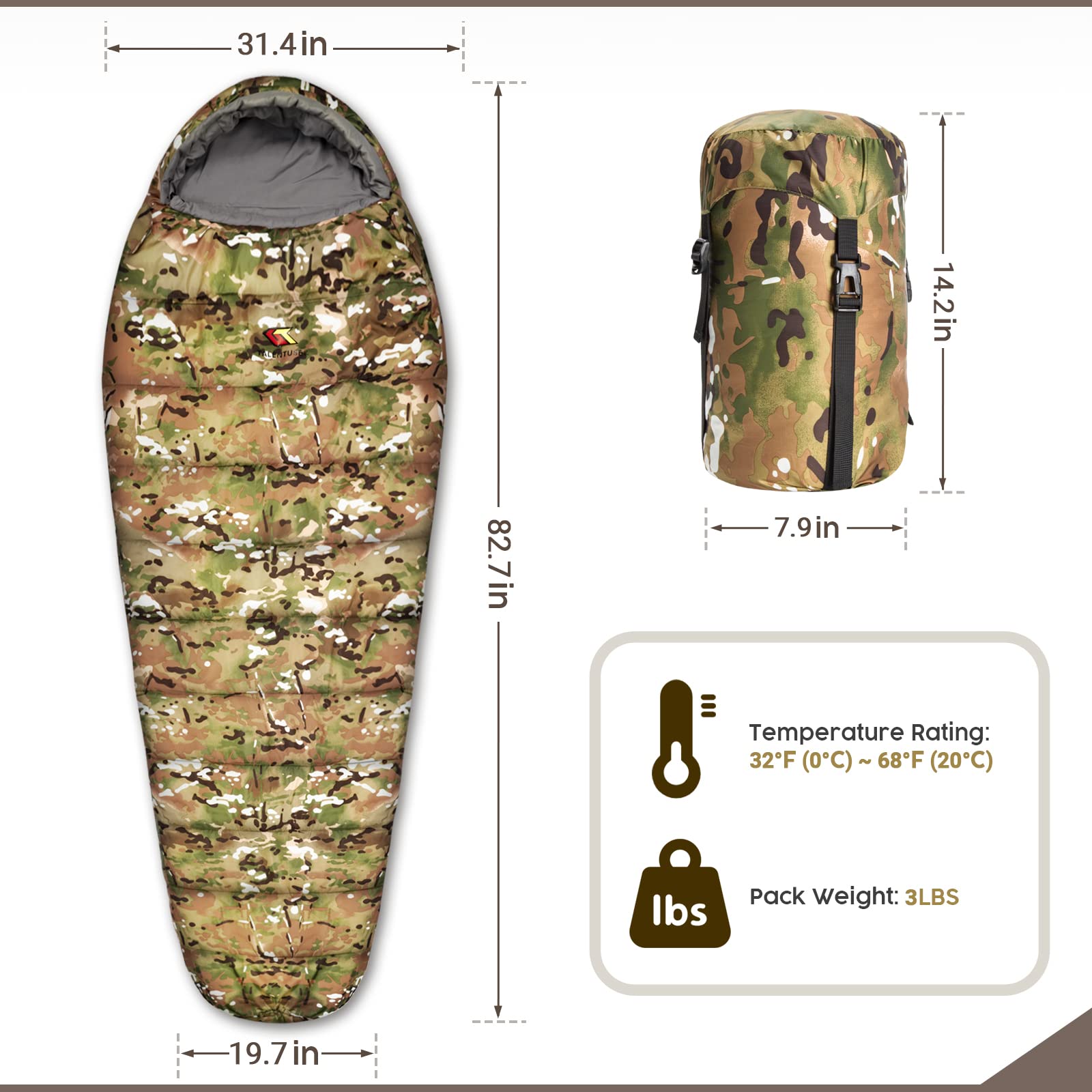 Mummy Sleeping Bag, TALENTUSER Sleeping Bag 0-20 Degree with Carrying Bag Portable for Adults Camping Traveling Hiking, Camouflage