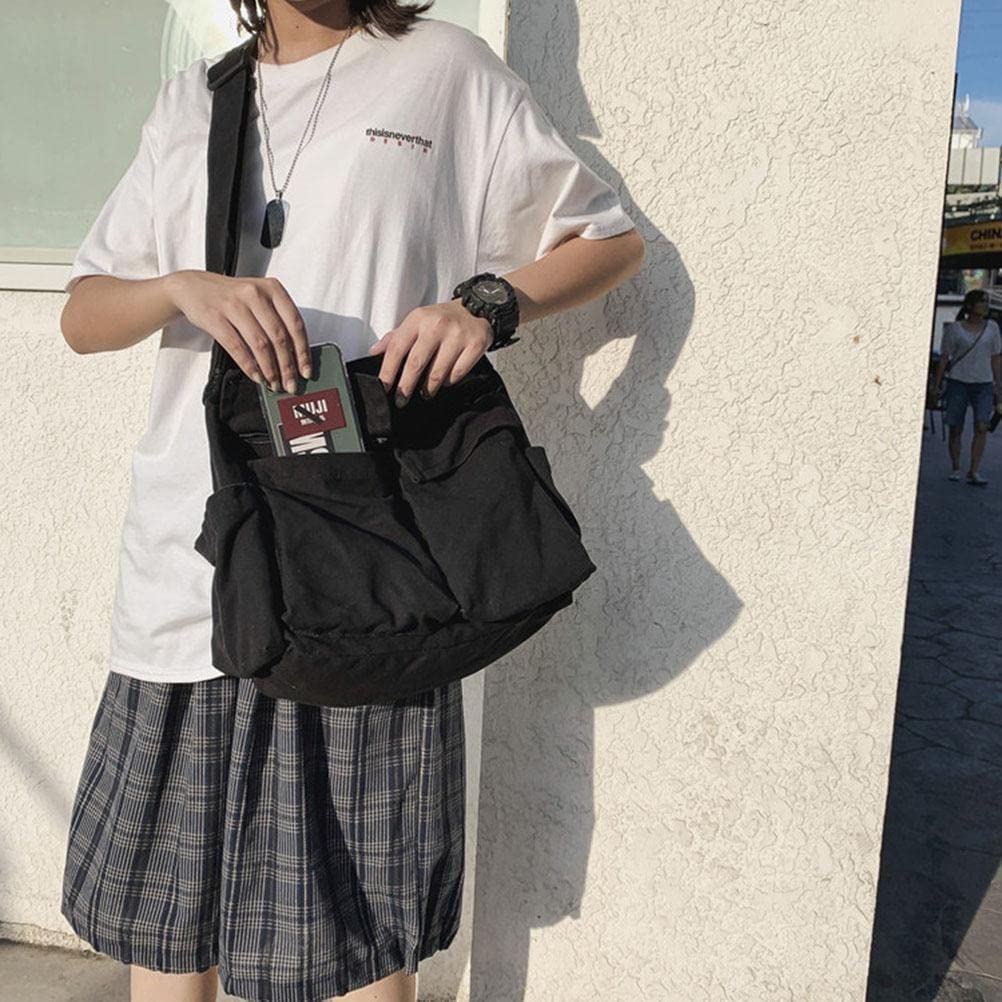 Messenger Bag Unisex Canvas Shoulder Bag Large Capacity Crossbody Bag with Multiple Pockets Vintage Hobo Shoulder Tote Bag (black)