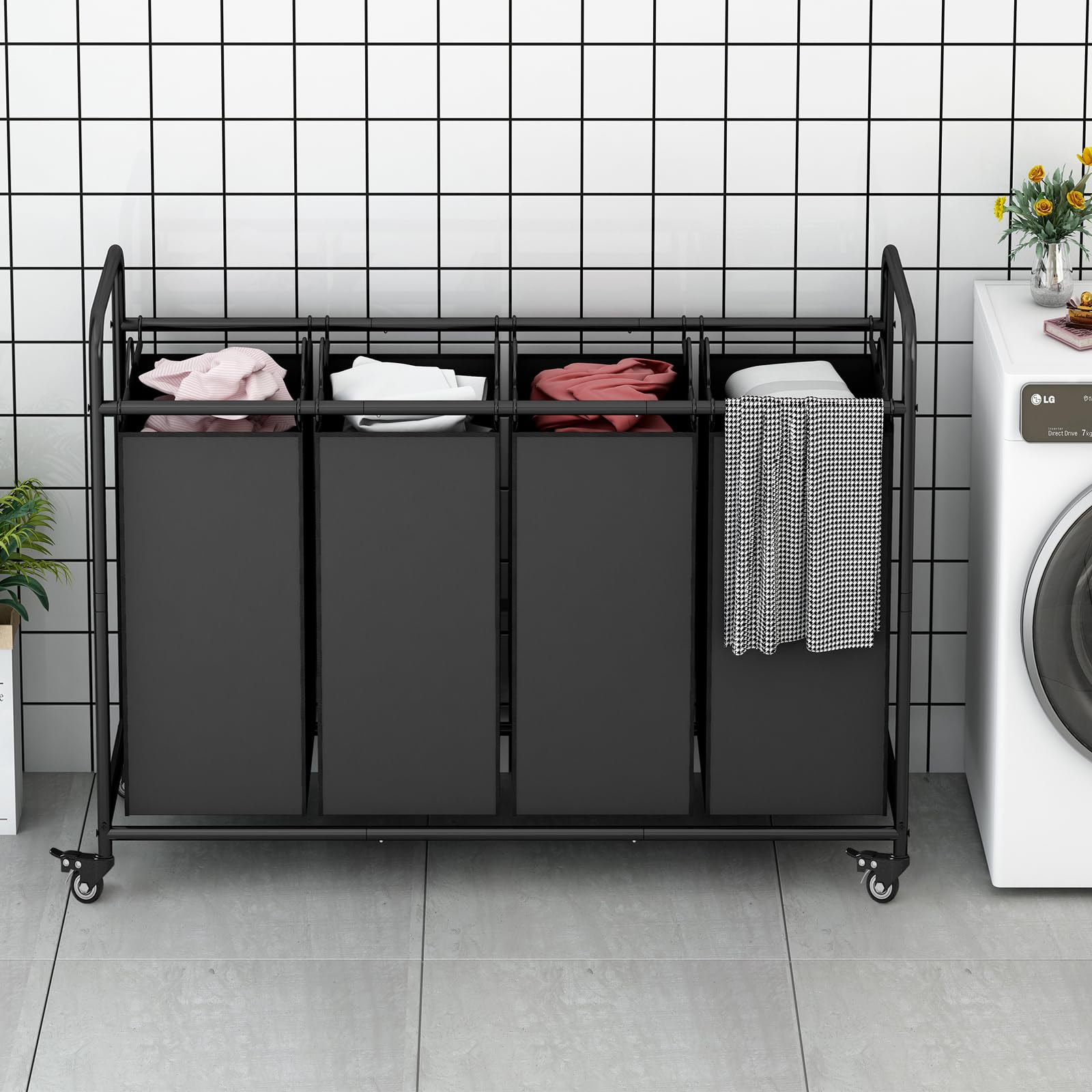 LINZINAR 4 Bag Laundry Basket Sorter Laundry Hamper Cart with Heavy Duty Rolling Lockable Wheels and Removable Bags,Black