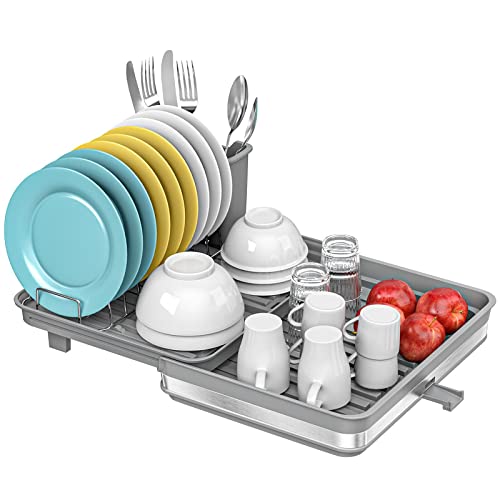 OROPY Dish Drying Rack Expandable Dish Rack, Large Dish Drainer with Utensil Holder, Stainless Steel Dish Drain for Kitchen Counter