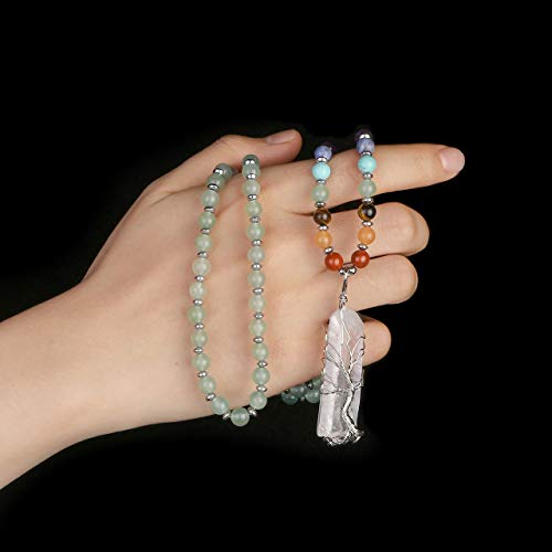 Jovivi Natural Green Aventurine 7 Chakras Healing Crystals Necklace Wire Wrapped Clear Quartz Pendant Healing Pointed Reiki Energy Balancing
