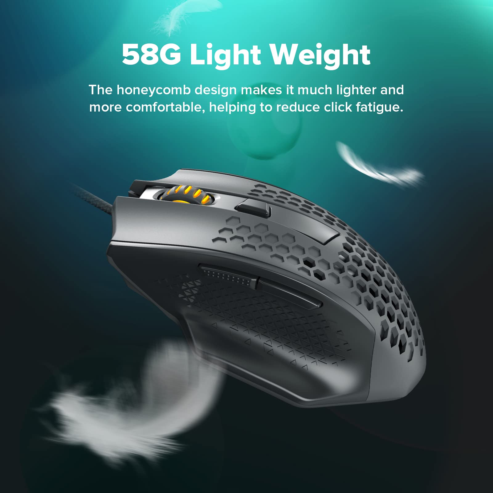 Redragon Gaming Mouse, 58g Ultra-Lightweight Mouse Gaming with 12400 DPI, Lightweight Honeycomb Wired PC Gaming Mice, 6 Programmable Buttons and Macro, Smooth Glide PTFE Feet, for PC, Laptop, Black