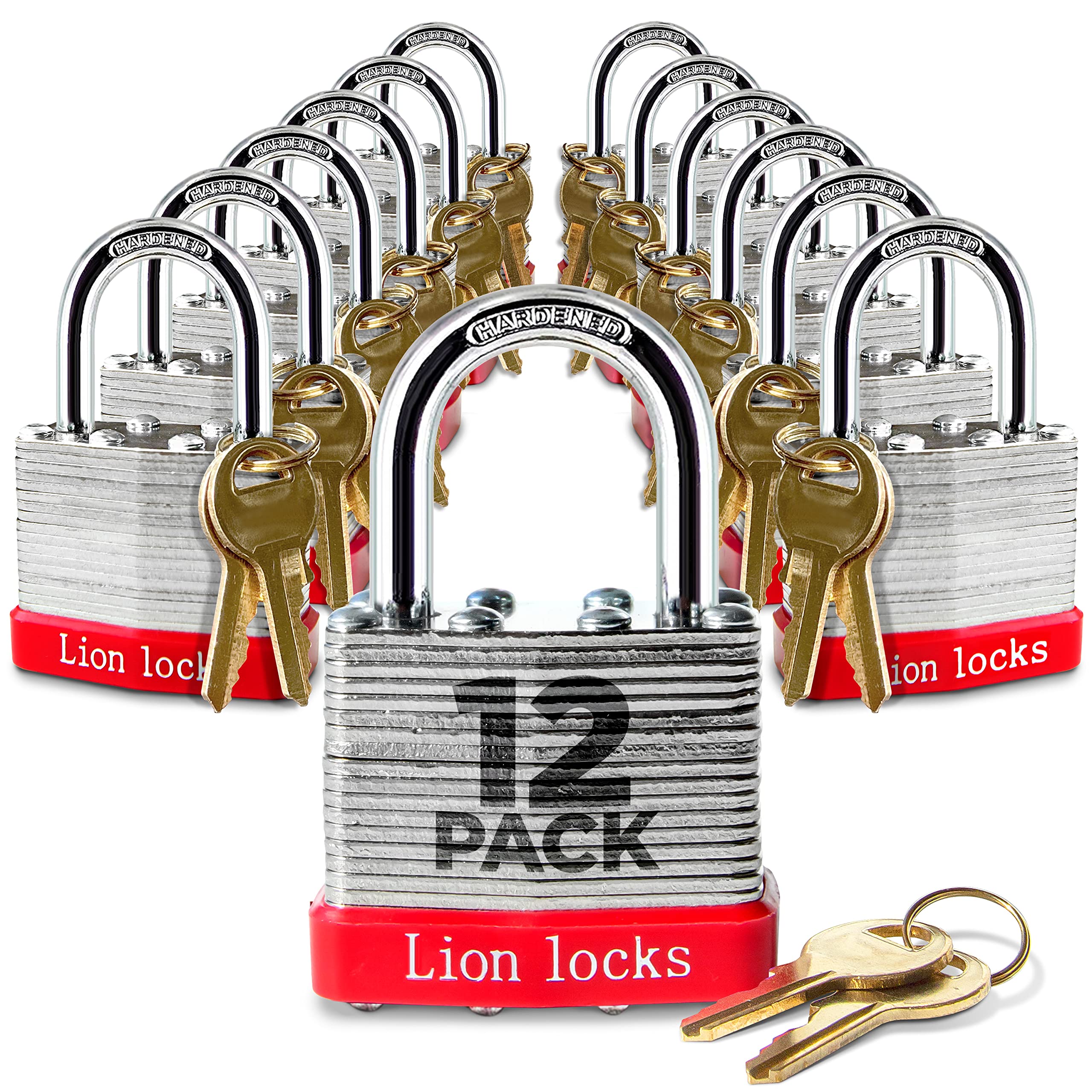 Lion Locks 12 Keyed-Alike Padlocks w/ 1.25” Shackle, 24 Keys, Hardened Steel Case, Brass Cylinder (12-Pack) - for Hasp Latch, Sheds, Fences, Storage Locker, School, Gym