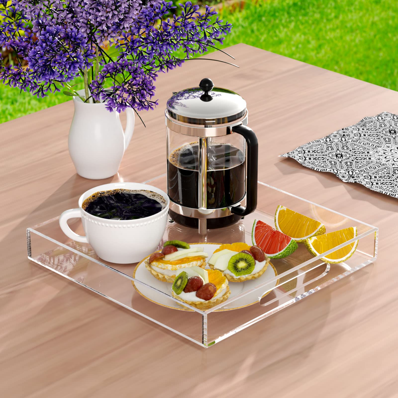 NIUBEE Clear Serving Tray 12x12 Inches -Spill Proof- Acrylic Decorative Tray Organiser for Ottoman Coffee Table Countertop with Handles