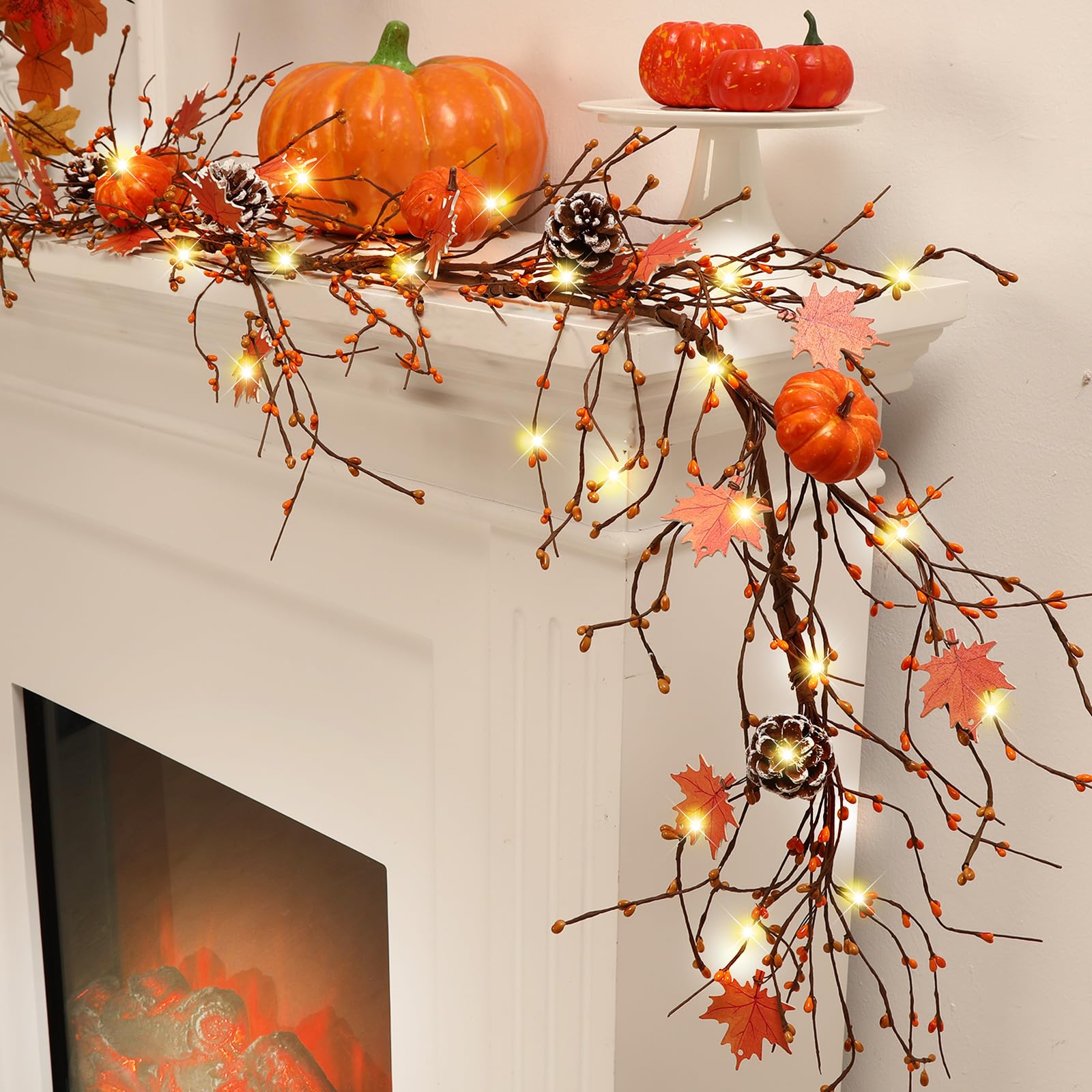 VercanMonth 5ft Fall Garland Pumpkin with 30 Lights Thanksgiving Vine with Maple Leaf Pinecone Garland Berry Orange Artificial Fall Decoration Garland for Mantle Fireplace Table Autumn Harvest Decor