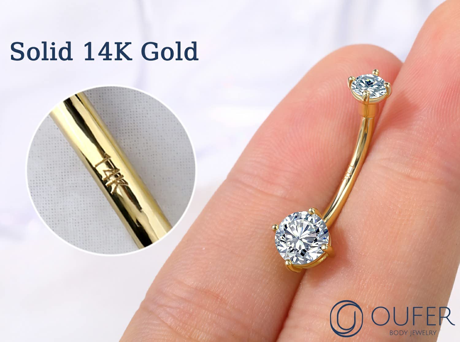 OUFER Gold Belly Button Rings, 14K Solid Gold Belly Rings, Shiny Clear CZ Belly Piercing Jewelry, Navel Rings, Long Navel Belly Rings For Women Men-14MM