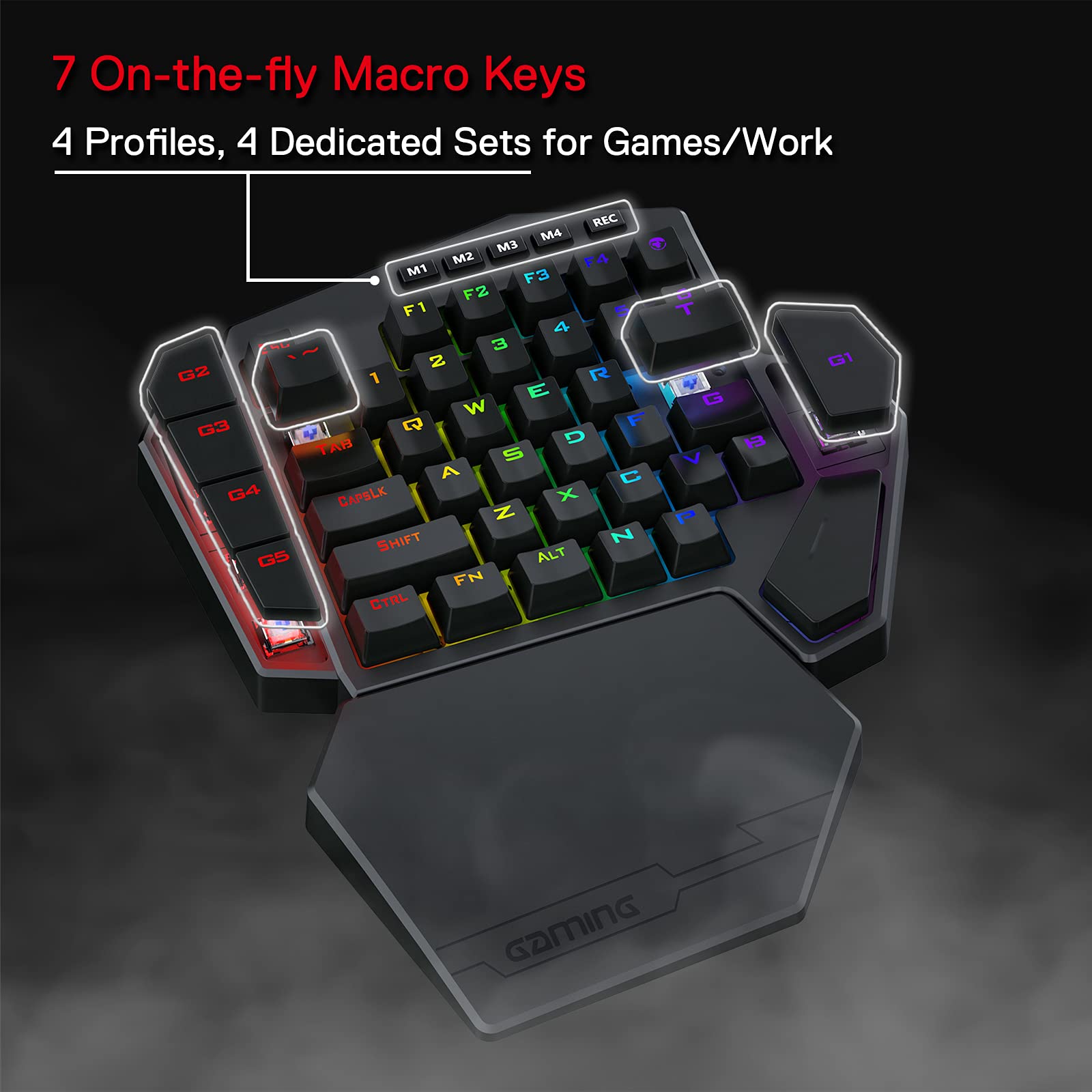 Redragon K585 DITI Wireless One-Handed Mechanical Keyboard, 42 Keys 2.4Ghz RGB 40% Gaming Keypad with 7 Onboard Macro Keys, Detachable Wrist Support, Durable Battery, Clicky Blue Switch