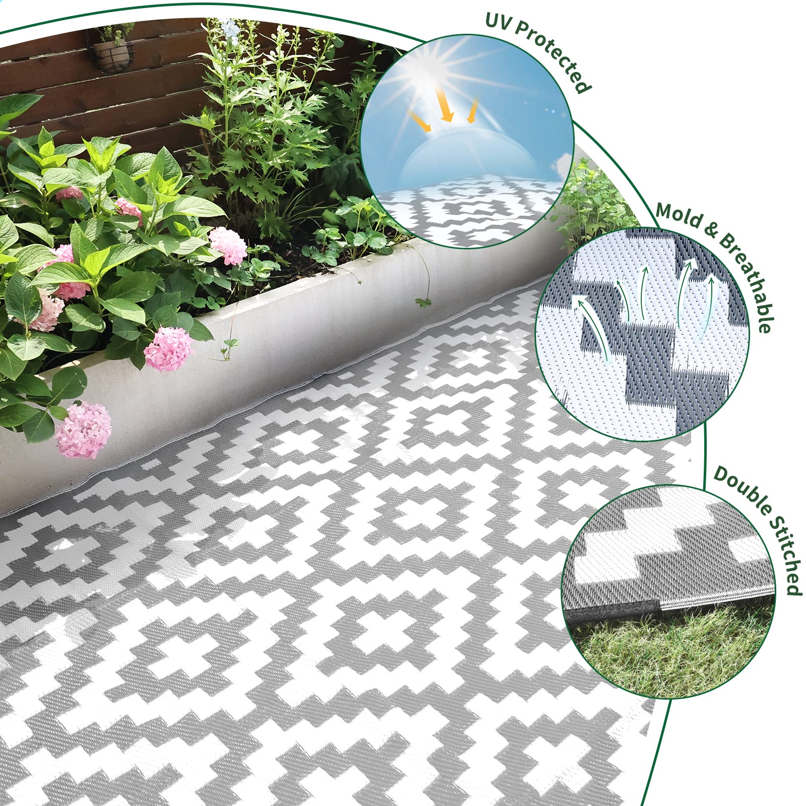 RVGUARD Outdoor Rugs, Reversible Patio Mat 9 x 12 ft, Waterproof Camping Rugs for Indoor/Outdoor, Patio, RV, Picnic, Beach, Backyard, Deck, Black & White