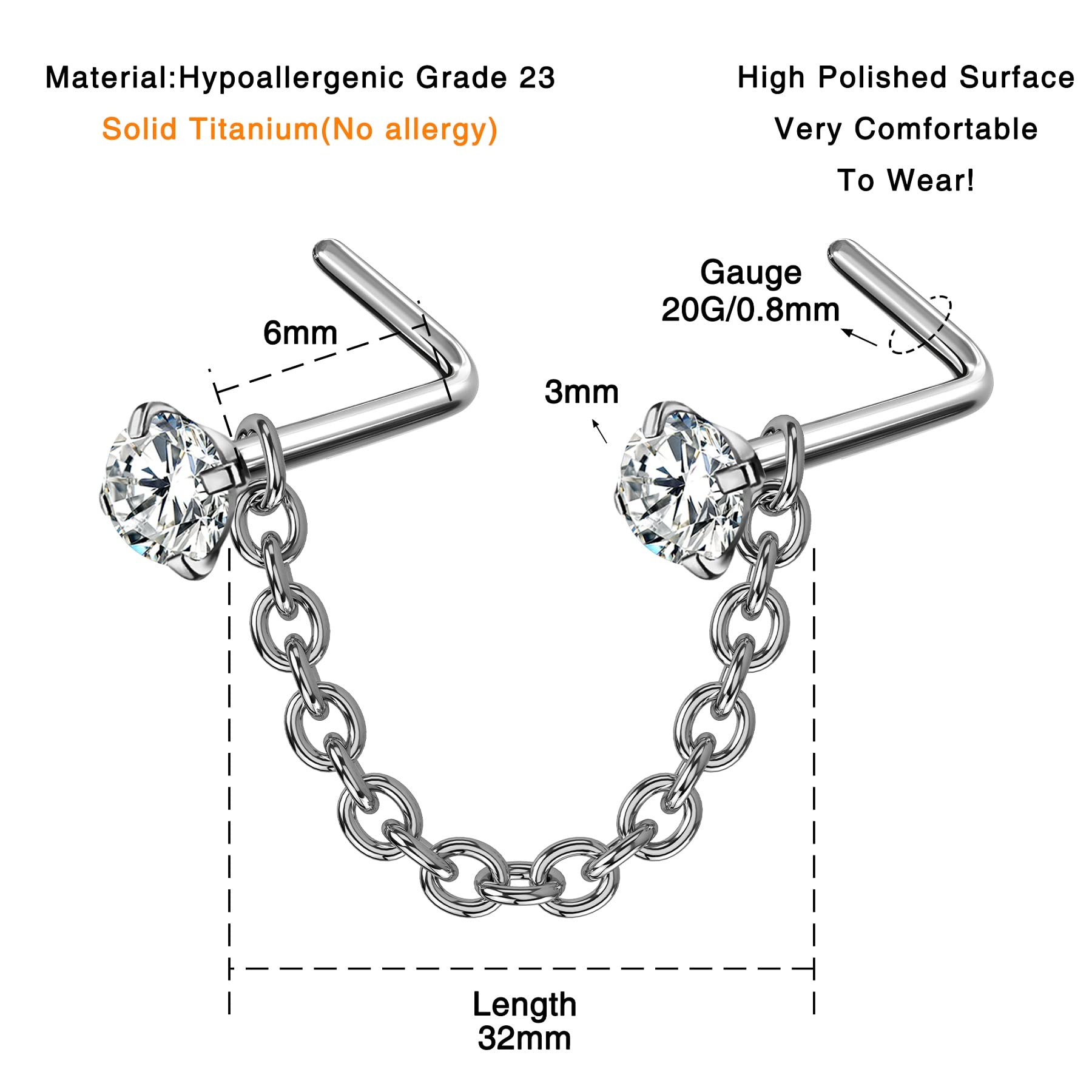OUFER Solid Titanium Nose Rings, Chain 2PCS 20G Nose Studs, Nostril Clear CZ L Shaped Pack, Nose Piercing Jewelry Women Men