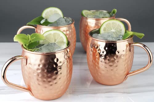 Moscow Mule Mugs Set of 4, Hammered Copper Moscow Mule Mug | Stainless Steel Lining, Copper Plating Cups with Gold Brass Handles Moscow Mule Copper Mug