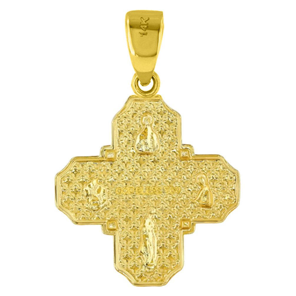Jewelry America Solid 14K Yellow Gold Dainty Four Way Cross Charm with God Bless You Pendant